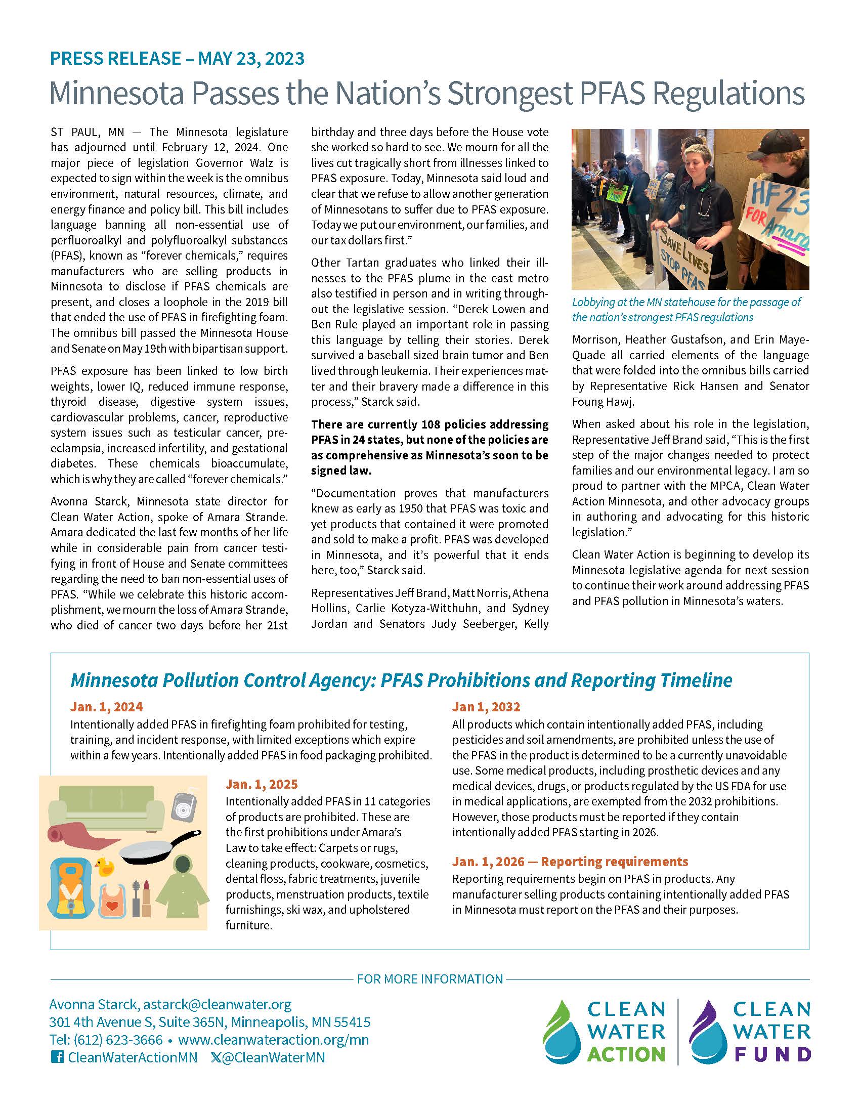 Minnesota 2023 PFAS Prevention Package: Amara's Law | Clean Water Action
